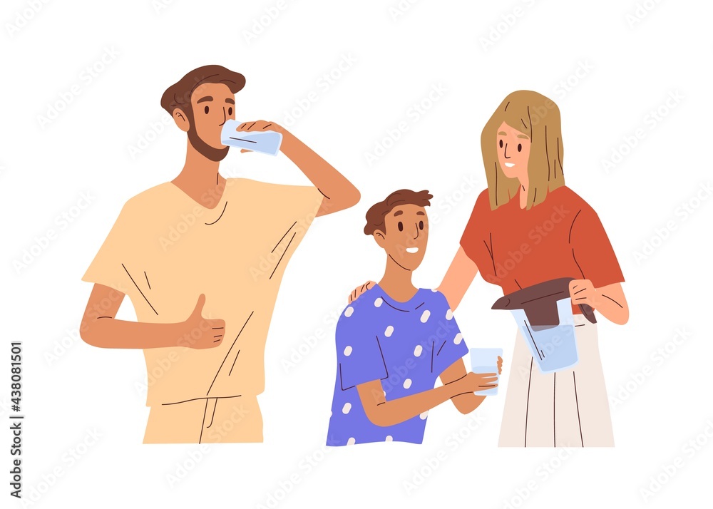 Healthy family with child drinking water together. Mother with filter ...
