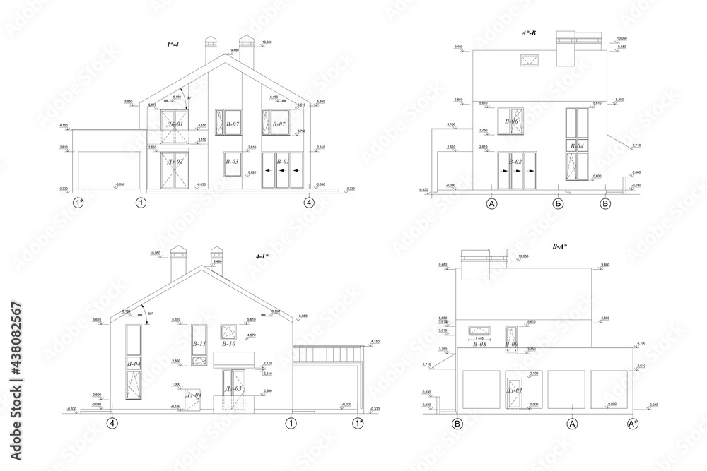 Private house facade sections, detailed architectural technical drawing ...