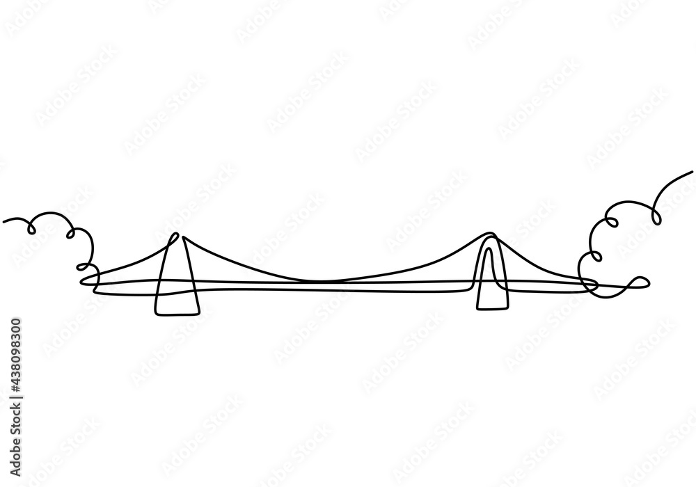 Giant bridge over river. Continuous one line of bridge drawing design ...