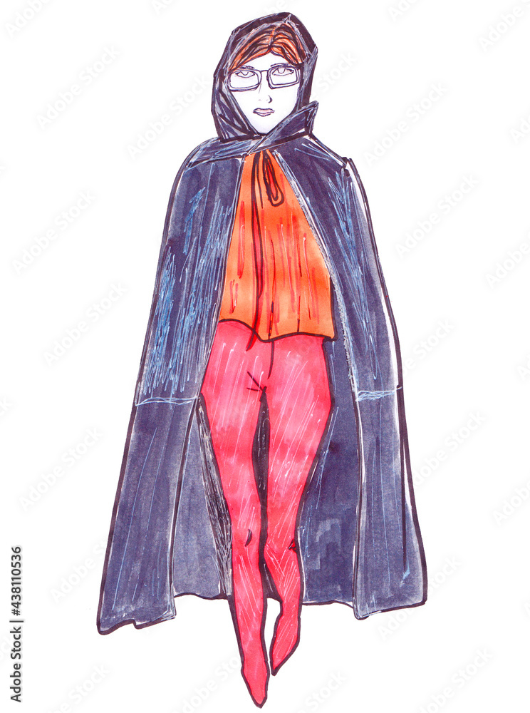Fashion catwalk hand-drawn marker poster. Woman in a black trench coat ...