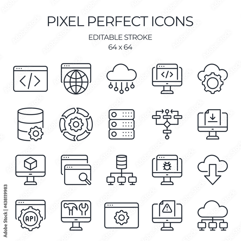 Software development related editable stroke outline icons set isolated ...