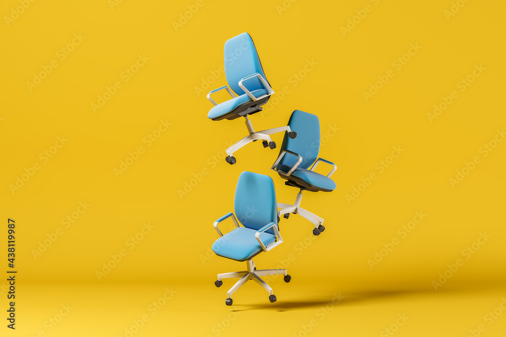 Three blue office chair floating in the air on a yellow background. The ...
