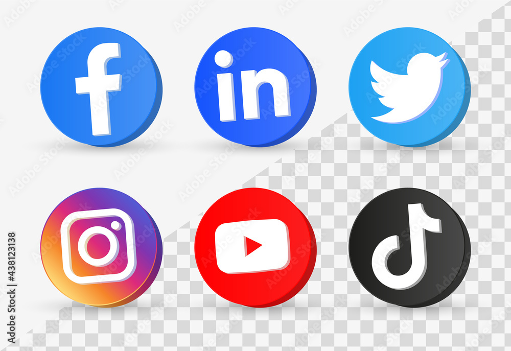 Popular social media icons in 3d buttons or network platforms logos ...