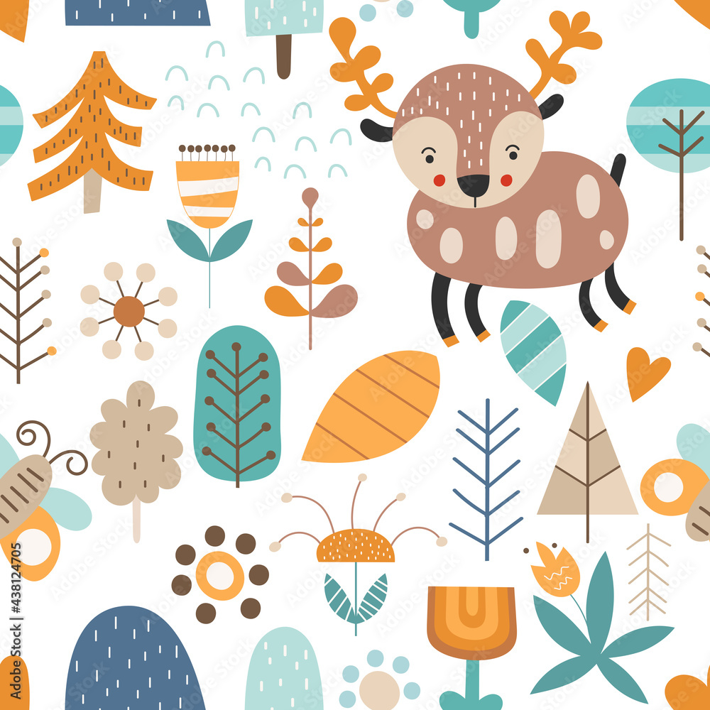 Scandinavian pattern kids nursery wall art. Woodland animals vector ...
