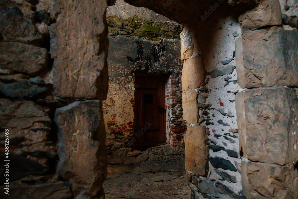 Interior of royal palace, Medieval gothic castle Bezdez, grey stone ...
