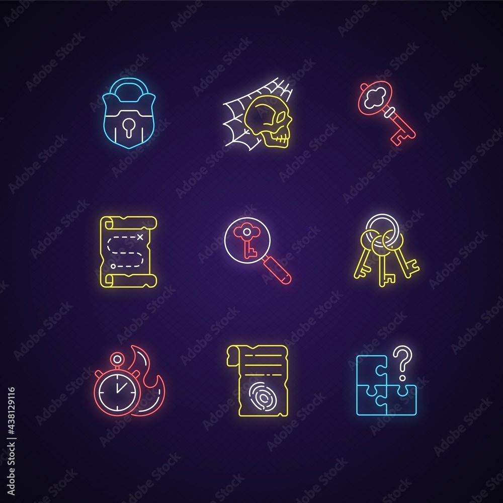 Quest neon light icons set. Search for missing piece. Keys for ...