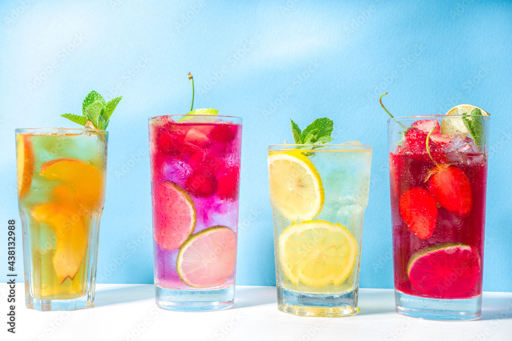 Iced refreshing drink. Bar and caffee beverage menu background. Set of ...