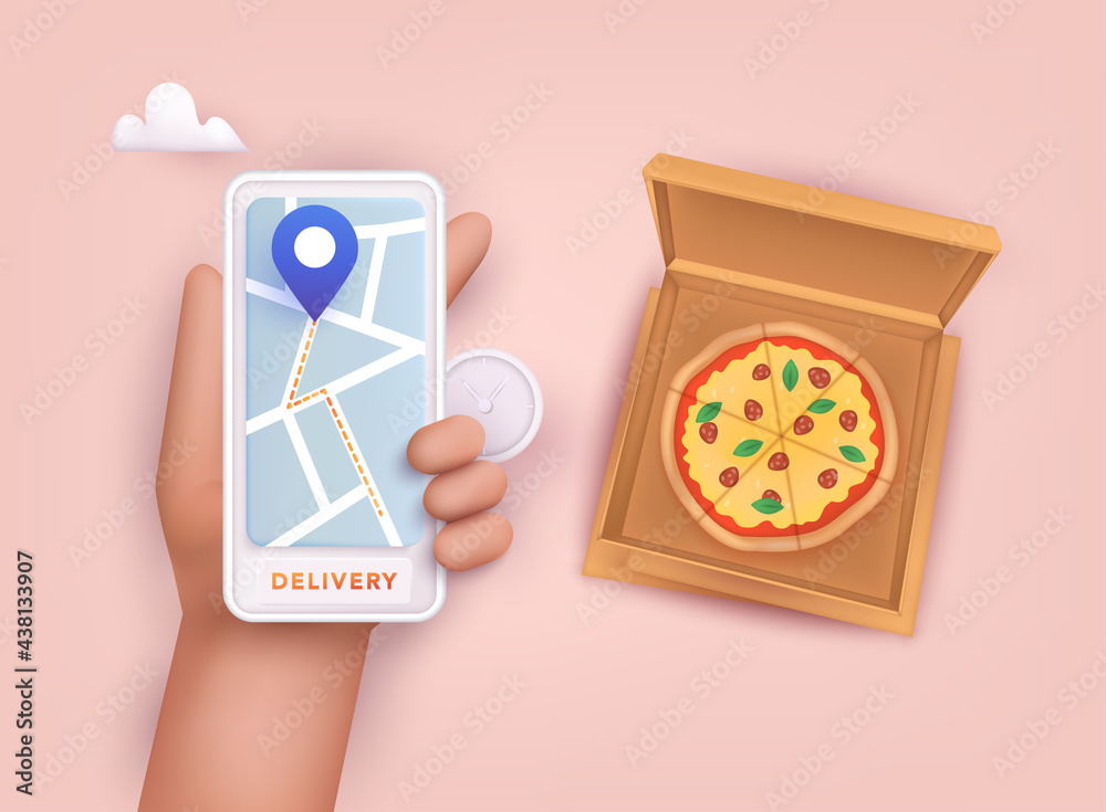 Hand holding mobile smart phone with delivery pizza app. Order food ...