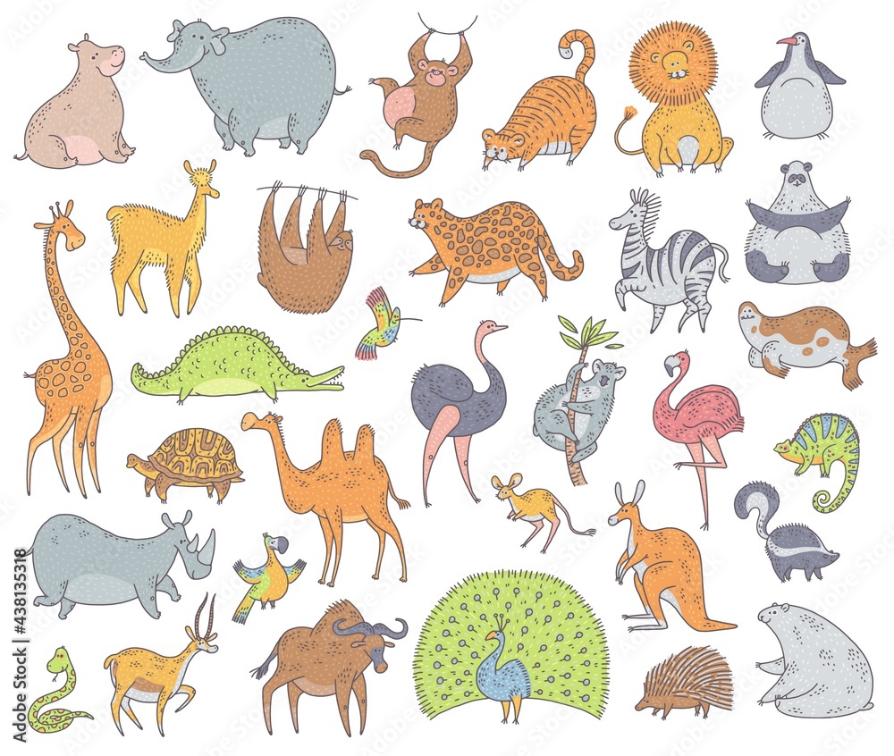 Cute set animals. Vector cartoon doodle characters illustration on ...