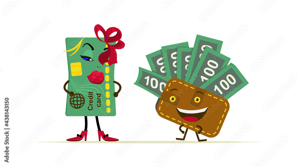A credit card and a wallet full of money. Vector cartoon illustration ...