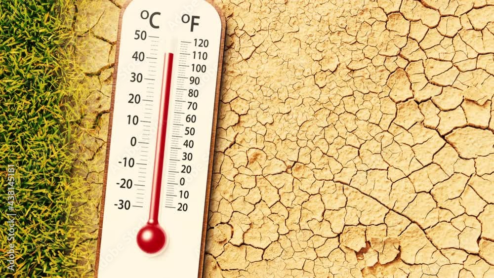 climate change, Top view Thermometer on green grass background with ...