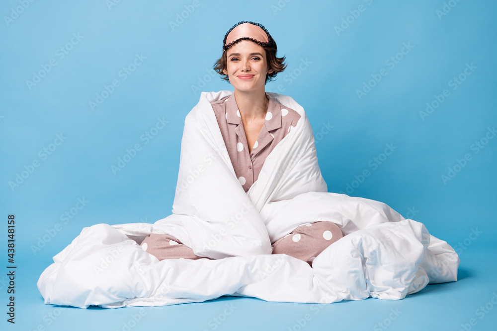 Full body photo of happy cute girl wrapped sit blanket bedroom comfort ...