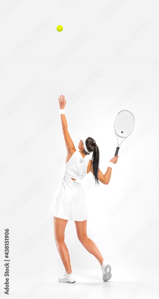Tennis player with racket in sports costume. Woman athlete playing ...