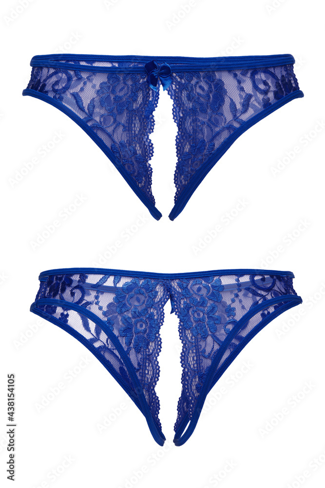 Detail shot of blue lace crotchless panties decorated with silk bow and ...