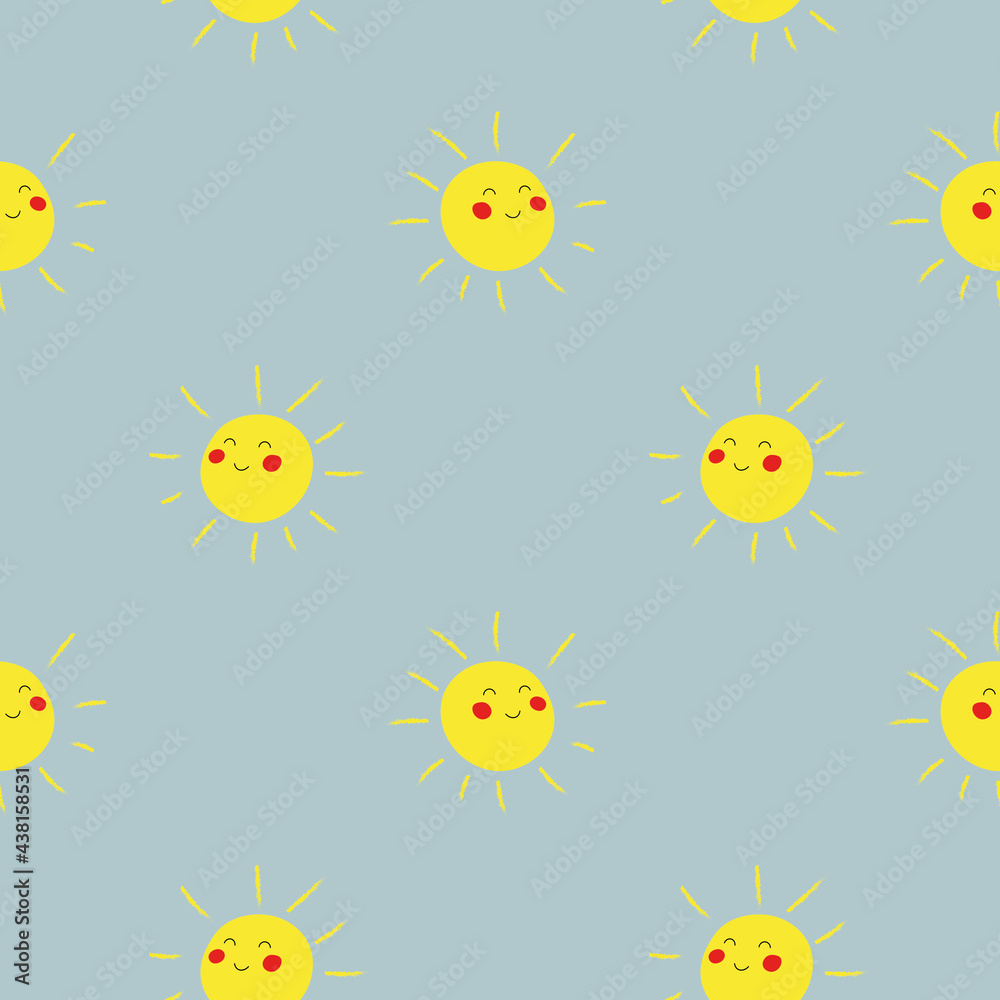 Smiling yellow sun with pink cheeks seamless pattern. Great for print ...