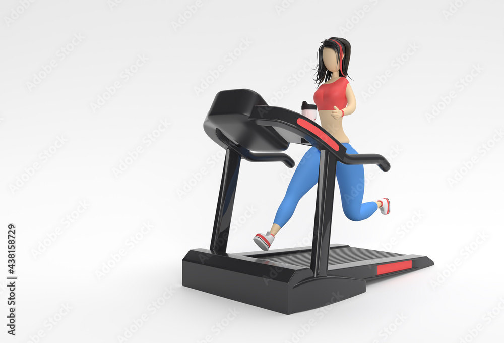 3d Rendering Cartoon Characters Woman Running Treadmill Machine on a ...