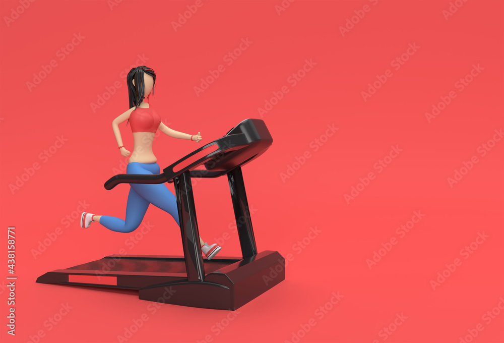 3d Rendering Cartoon Characters Woman Running Treadmill Machine on a ...