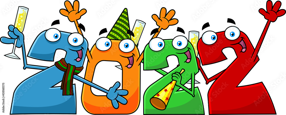 Funny Colorful New Year Numbers 2022 Cartoon Characters. Vector Hand ...
