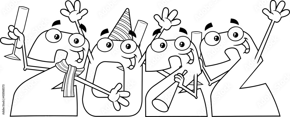 Outlined Funny New Year Numbers 2022 Cartoon Characters. Vector Hand ...
