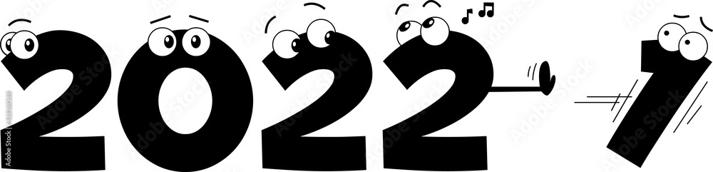 Funny Black New Year Numbers 2022 Cartoon Characters. Vector Hand Drawn ...