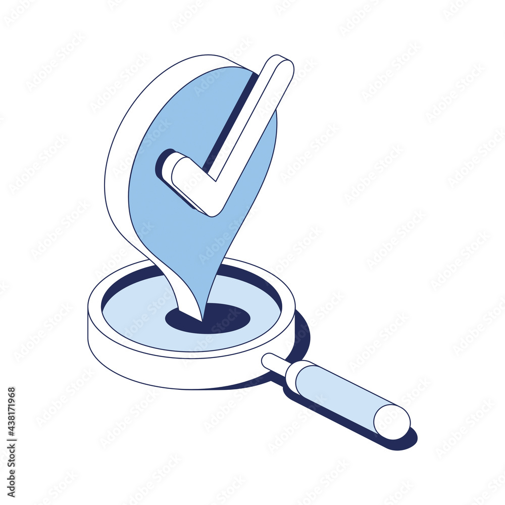Magnifier search, pin map label, check mark. Vector 3d line isometric, color web icons, new flat ...
