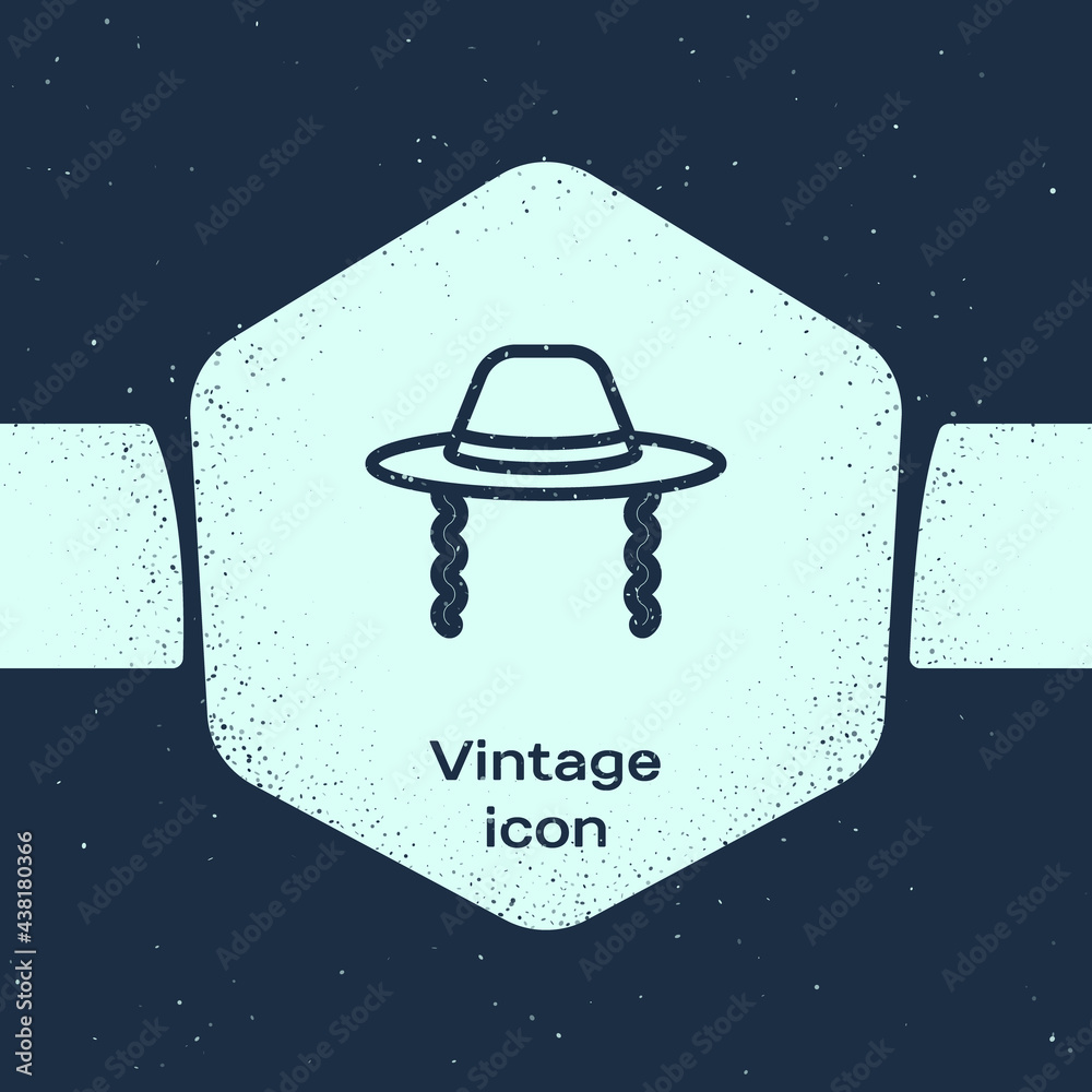 Grunge line Orthodox jewish hat with sidelocks icon isolated on blue ...