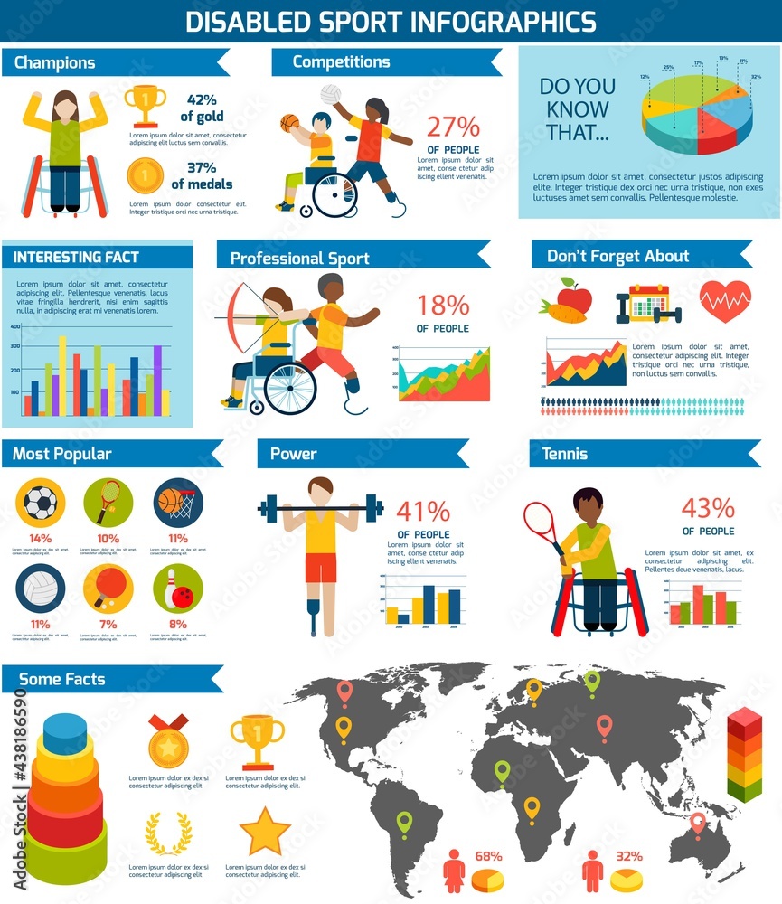 Disabled sports infographics set with playing people charts and world ...