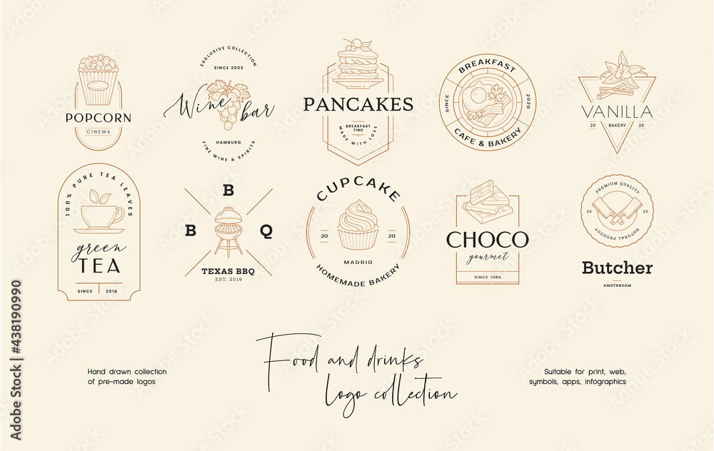 Vetor de Hand drawn food pre-made logo design template collection ...