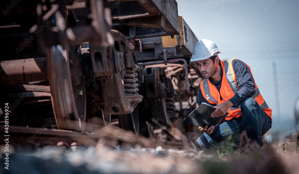 Engineer railway wearing safety uniform and helmet under checking under ...