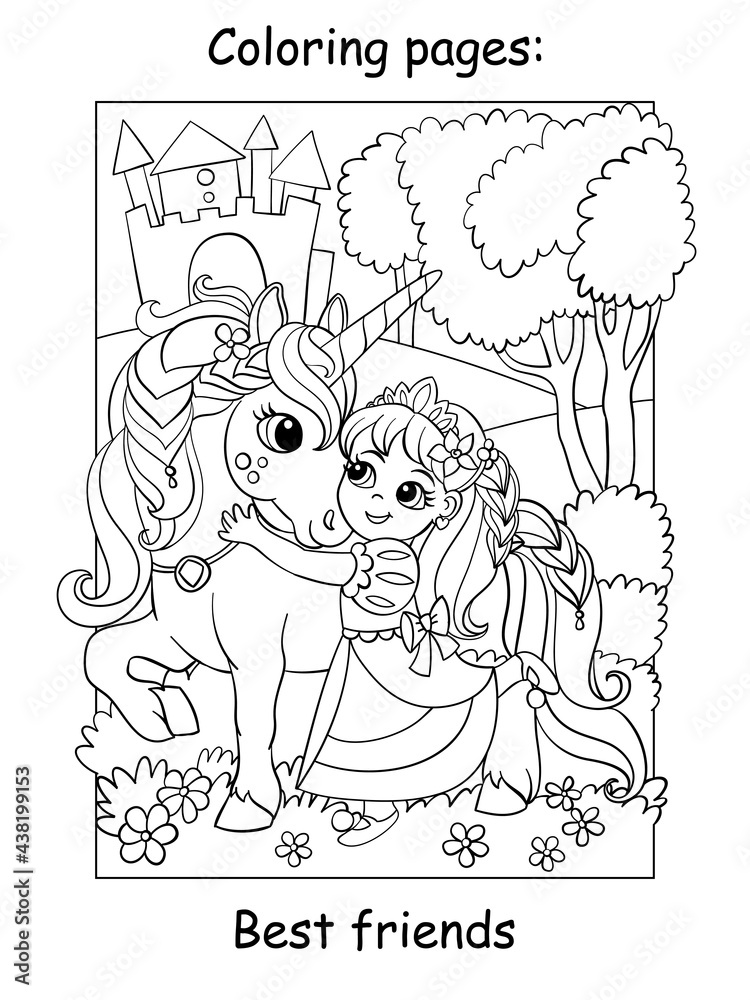 Coloring book page cute princess cuddles with a unicorn Stock Vector ...