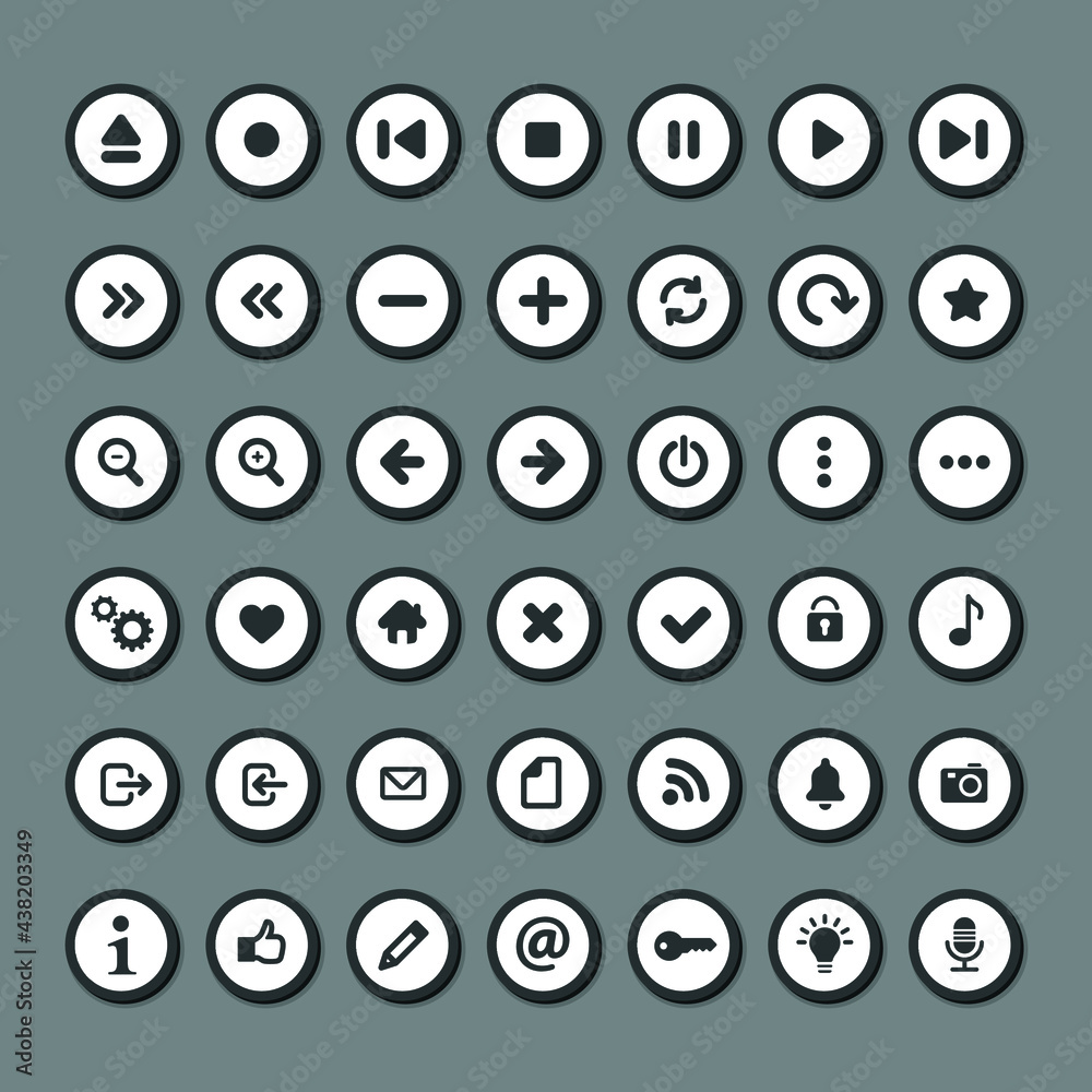 Black and white navigation buttons. Vector image set of multimedia ...