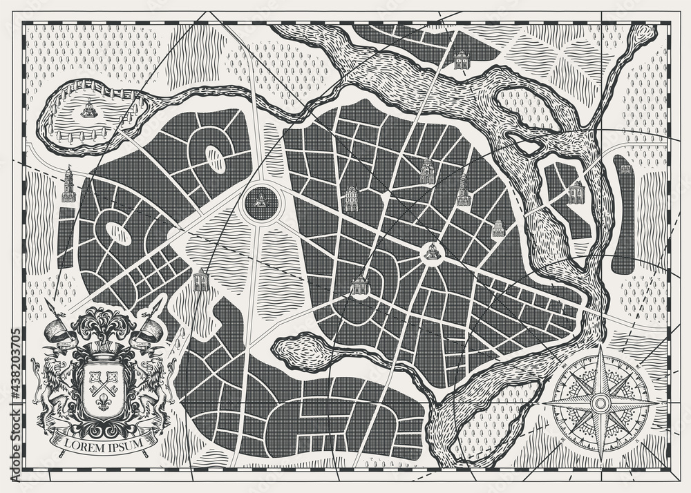 Hand-drawn abstract city map with ornate Coat of arms, wind rose and ...