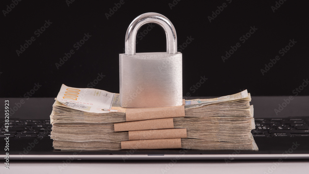 Cyber crime. Internet cyber security concept with a padlock on laptop ...