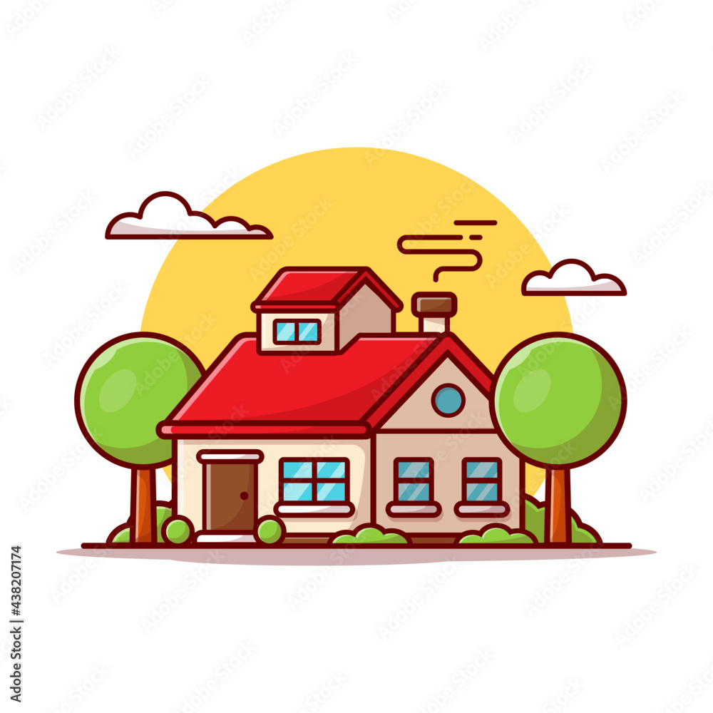 Beautiful House with Clouds and Sunset Cartoon Vector Icon Illustration ...