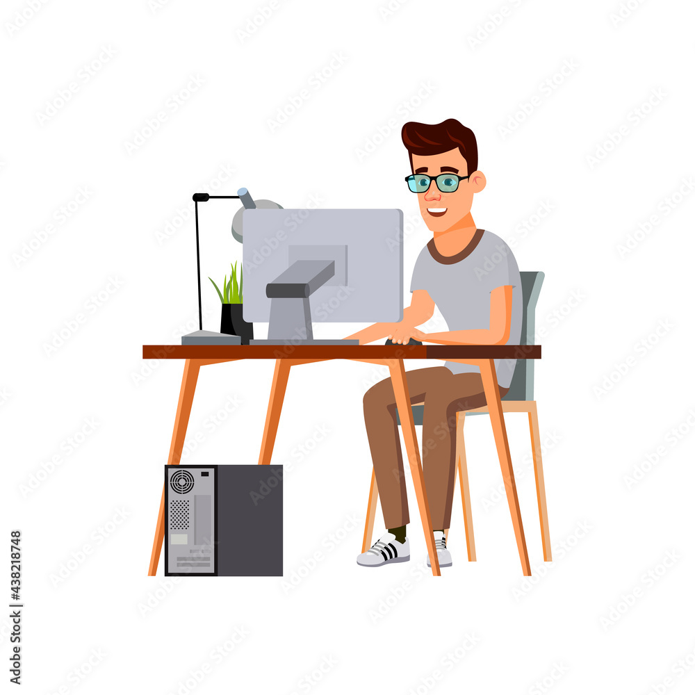 young man programmer developing computer program cartoon vector. young ...