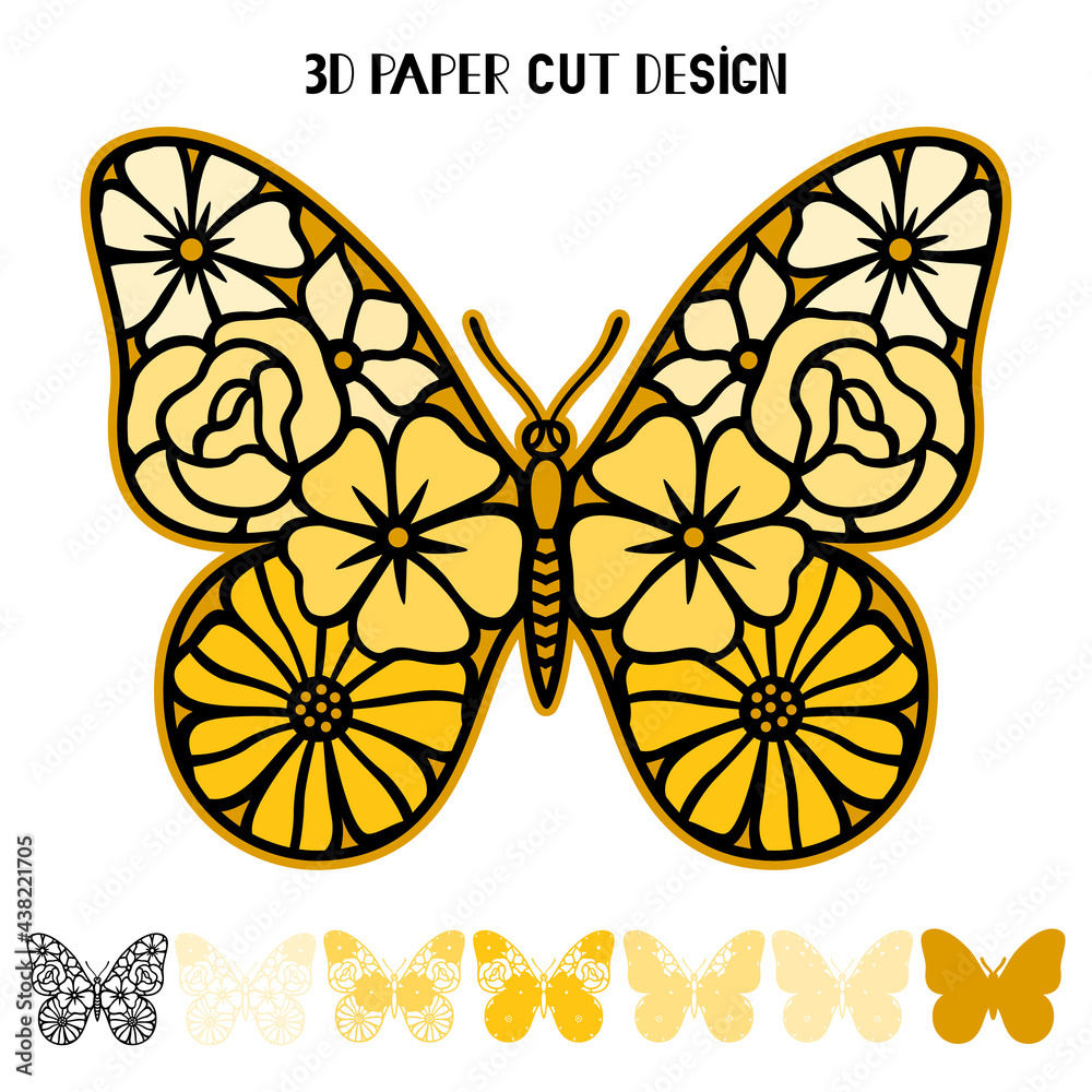3D butterfly with flowers. Vector layered template for laser and paper ...