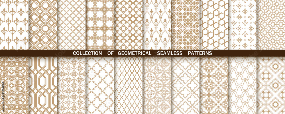 Geometric collection of gold and white patterns. Seamless vector ...