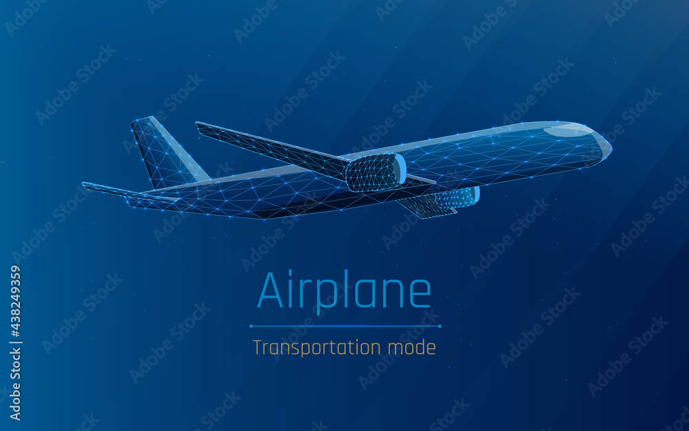 Polygonal commercial airliner. Flying passenger or cargo plane. Travel ...