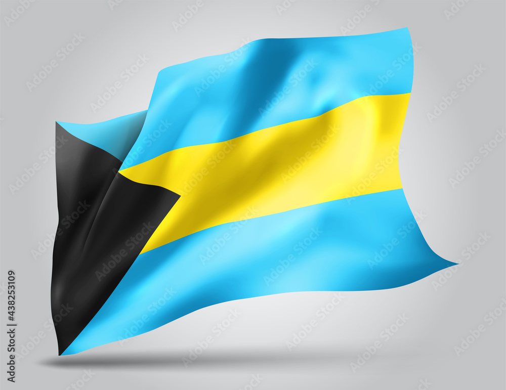 Bahamas, vector flag with waves and bends waving in the wind on a white ...
