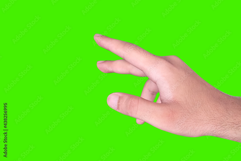 Foto de Hand Screen Touching Gesture with Green Screen Backdrop. Modern ...