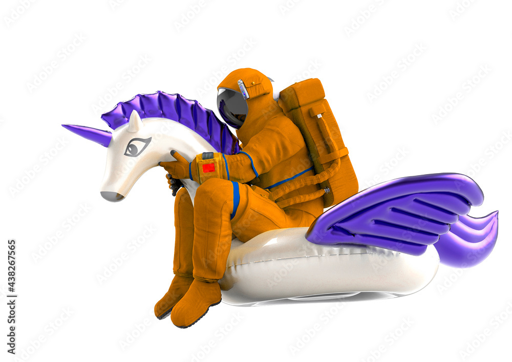 astronaut is riding a inflatable unicorn on white background side view ...