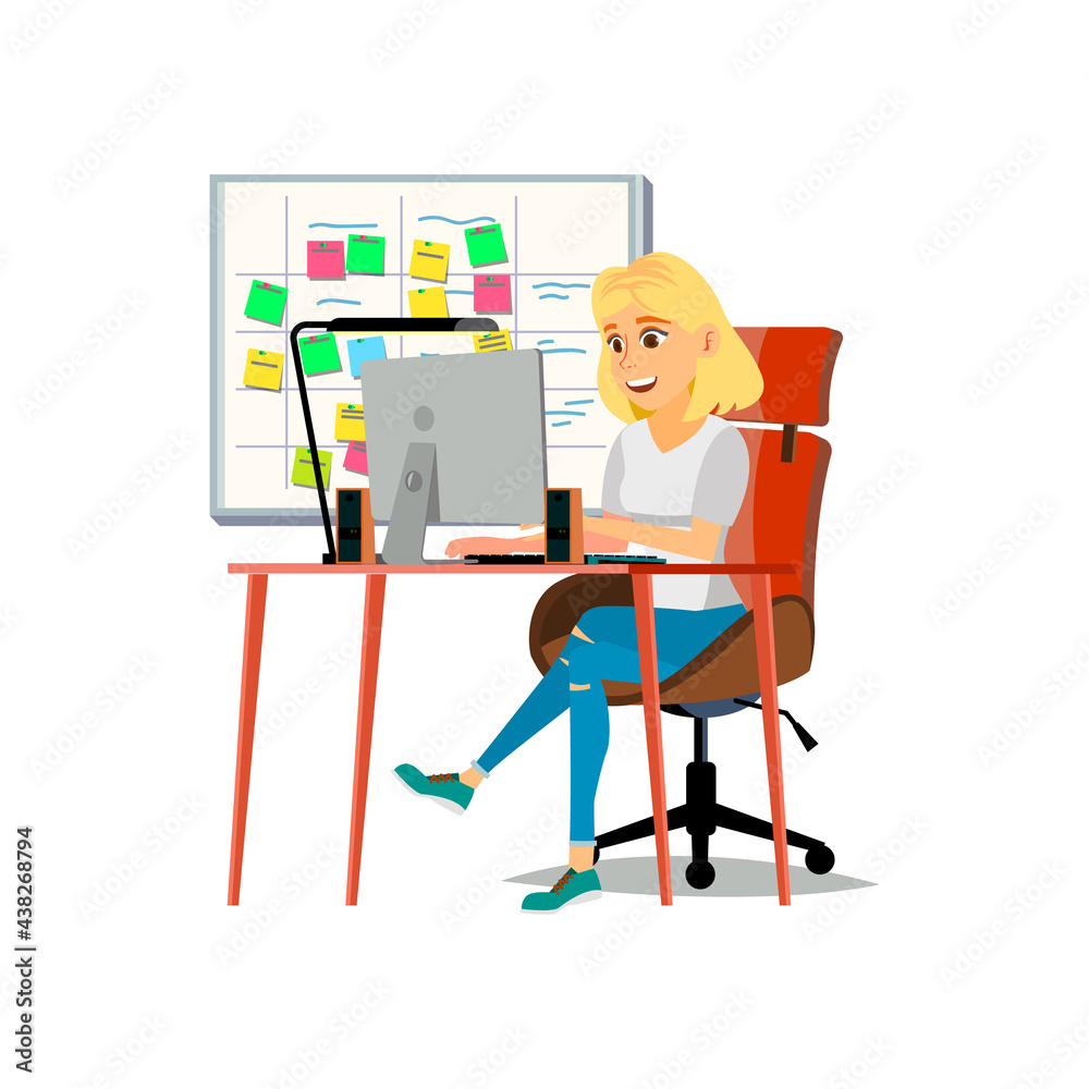 accountant woman working with financial report on computer cartoon ...