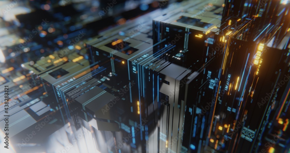 Stockillustratie Futuristic sci-fi circuit board processing data and ...