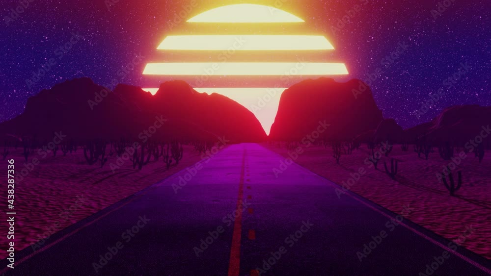 Seamless endless road through the desert with retro futuristic sky and ...