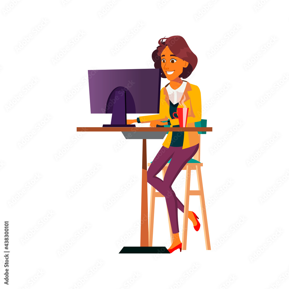 Vetor de smiling woman use computer in internet cafe cartoon vector ...