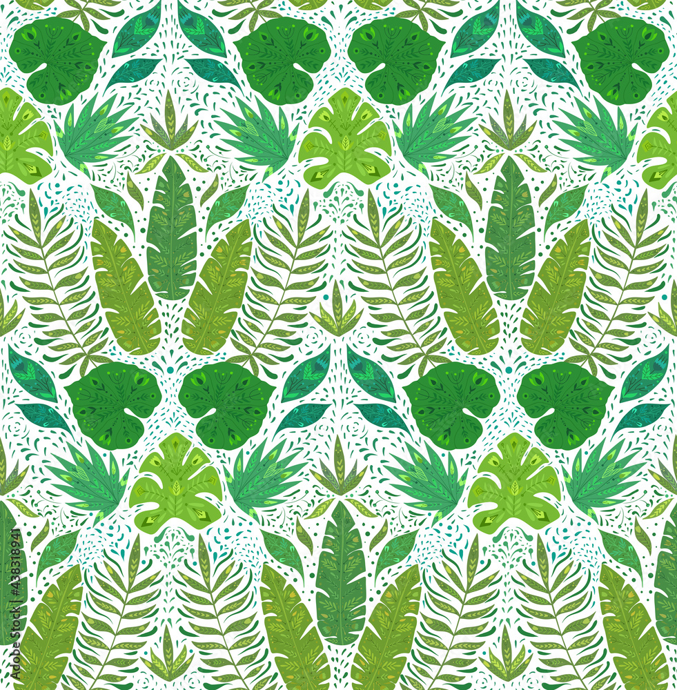 Seamless damask pattern with monstera, banana and liana leaves on white ...