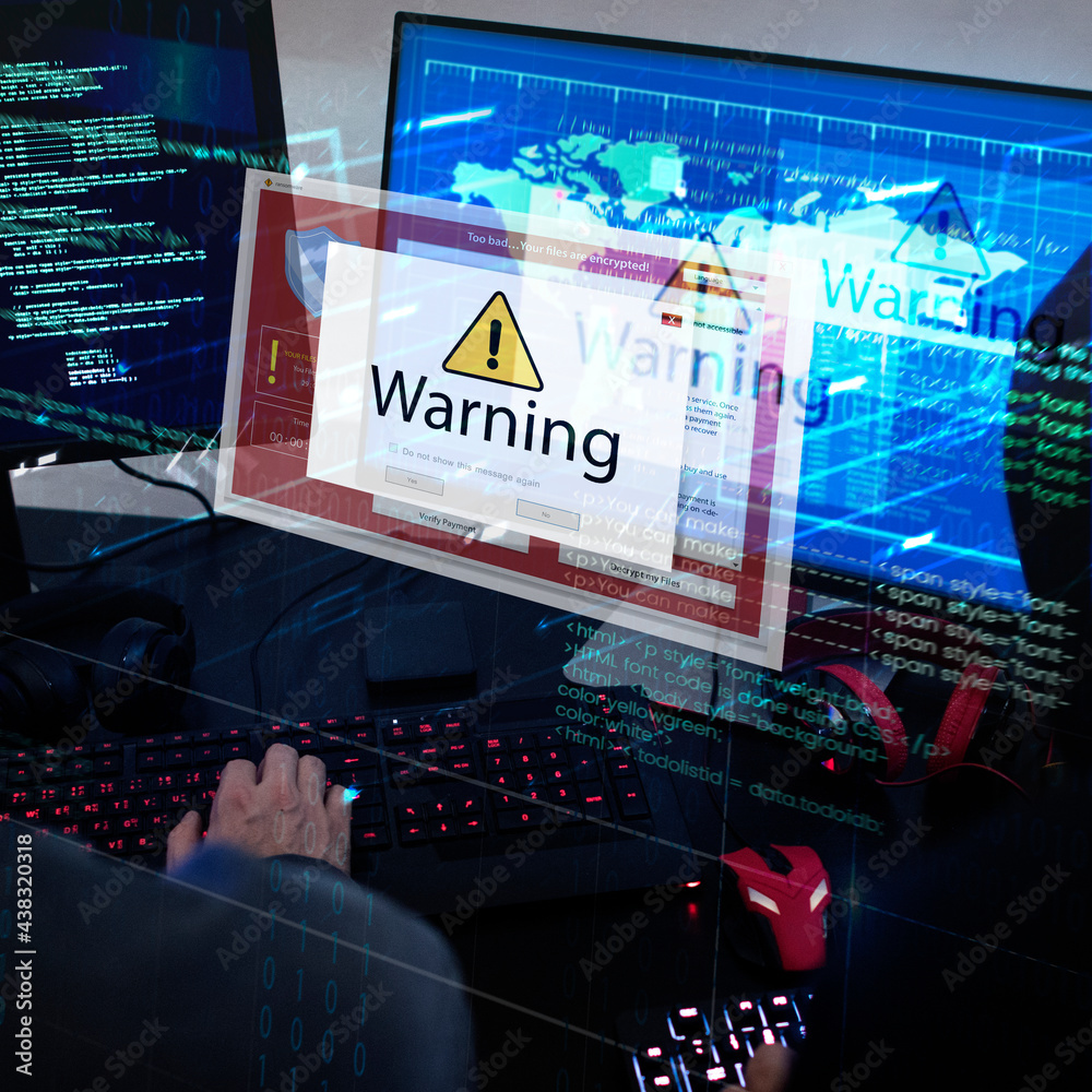Computer with warning pop up sign window Stock Photo | Adobe Stock