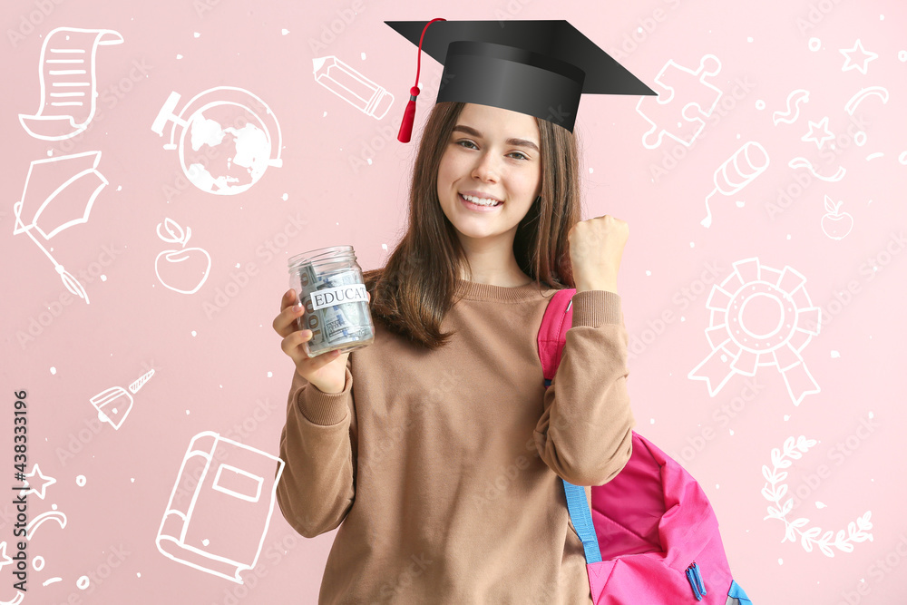 Young student with savings for education on color background Stock ...