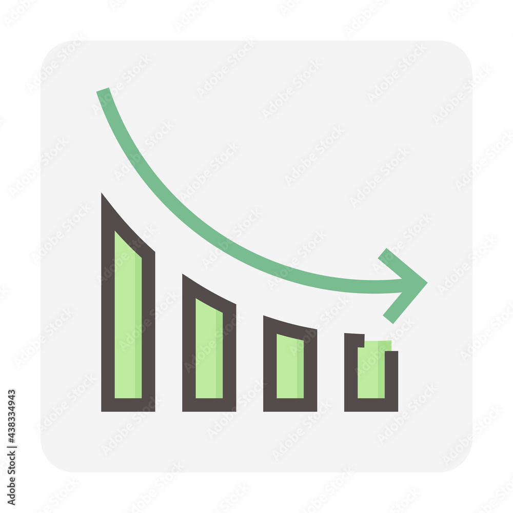 Bar chart or bar graph decreasing vector icon with drop down arrow ...