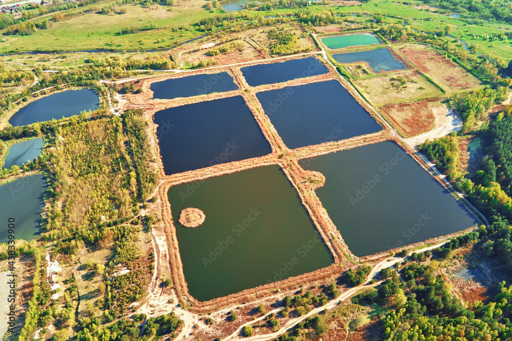 Aerial view of ponds for collect stormwater. Rainwater retention basins ...